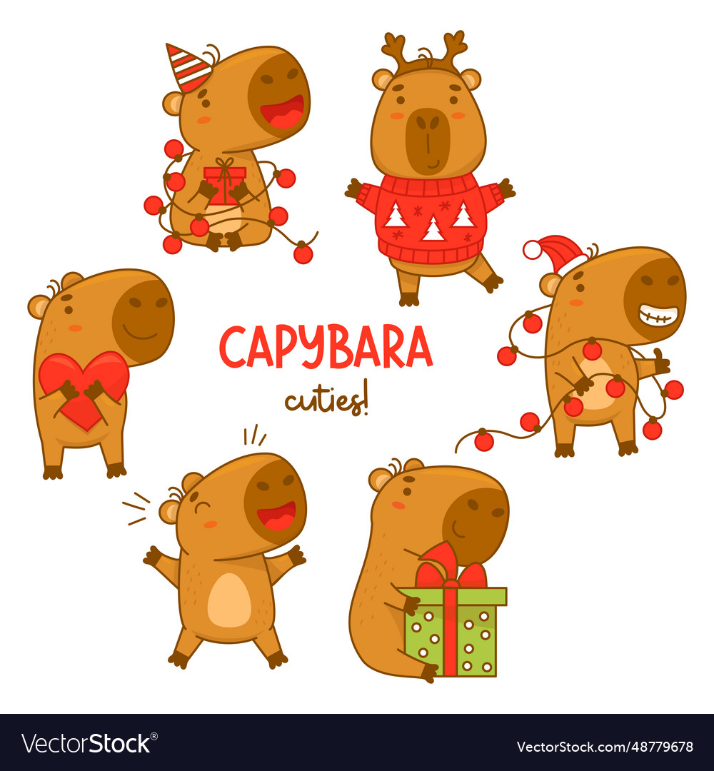 Collection christmas holiday cute capybaras Vector Image