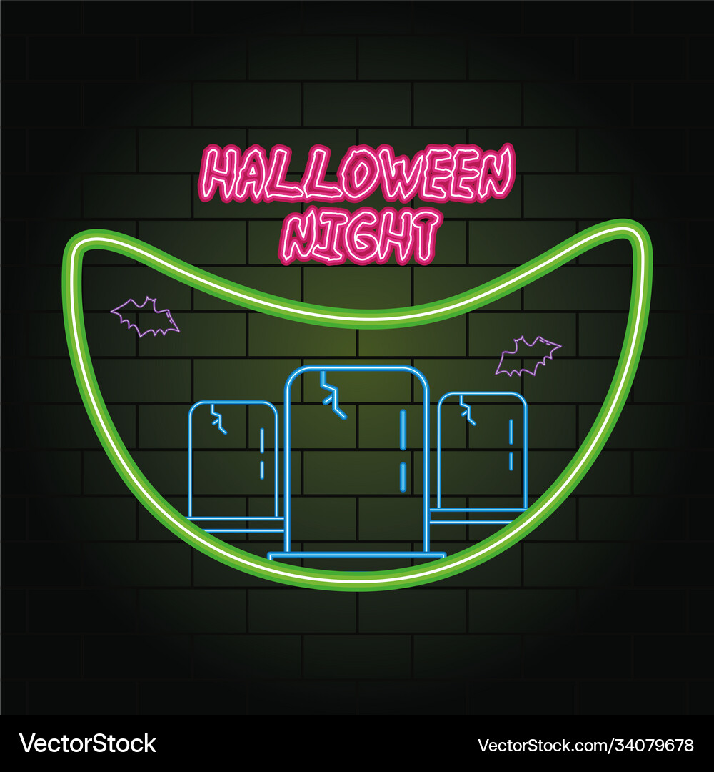 Halloween night neon light cemetery scene Vector Image