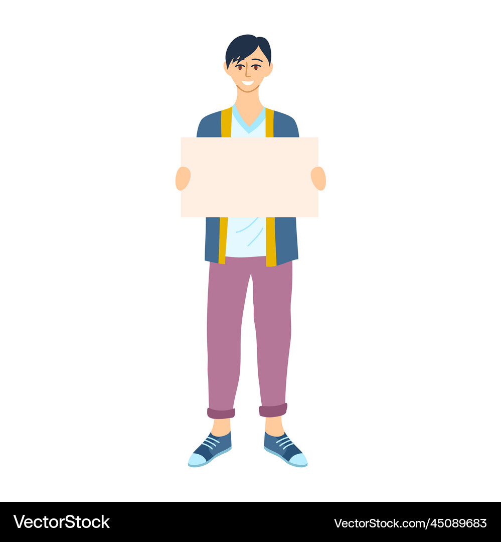 Cartoon color character man holding empty banner Vector Image
