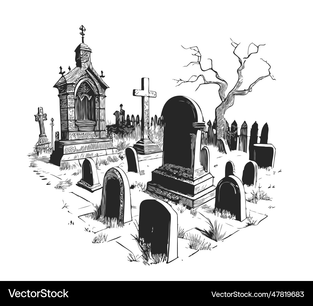 Cemetery retro sketch hand drawn sketch Royalty Free Vector