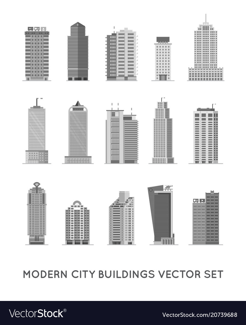 Modern city buildings and houses flat icons set Vector Image