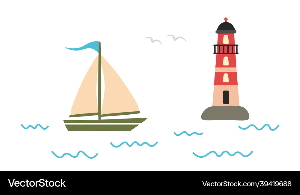 Sailing boat and lighthouse in an ocean Royalty Free Vector