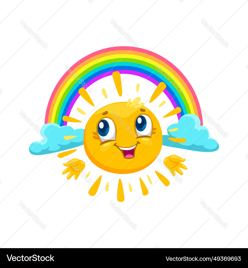 Cartoon sun character with rainbow and clouds Vector Image