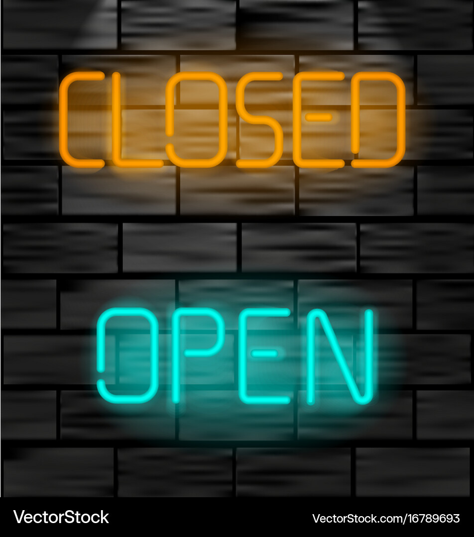 Open and closed neon inscription light sign Vector Image