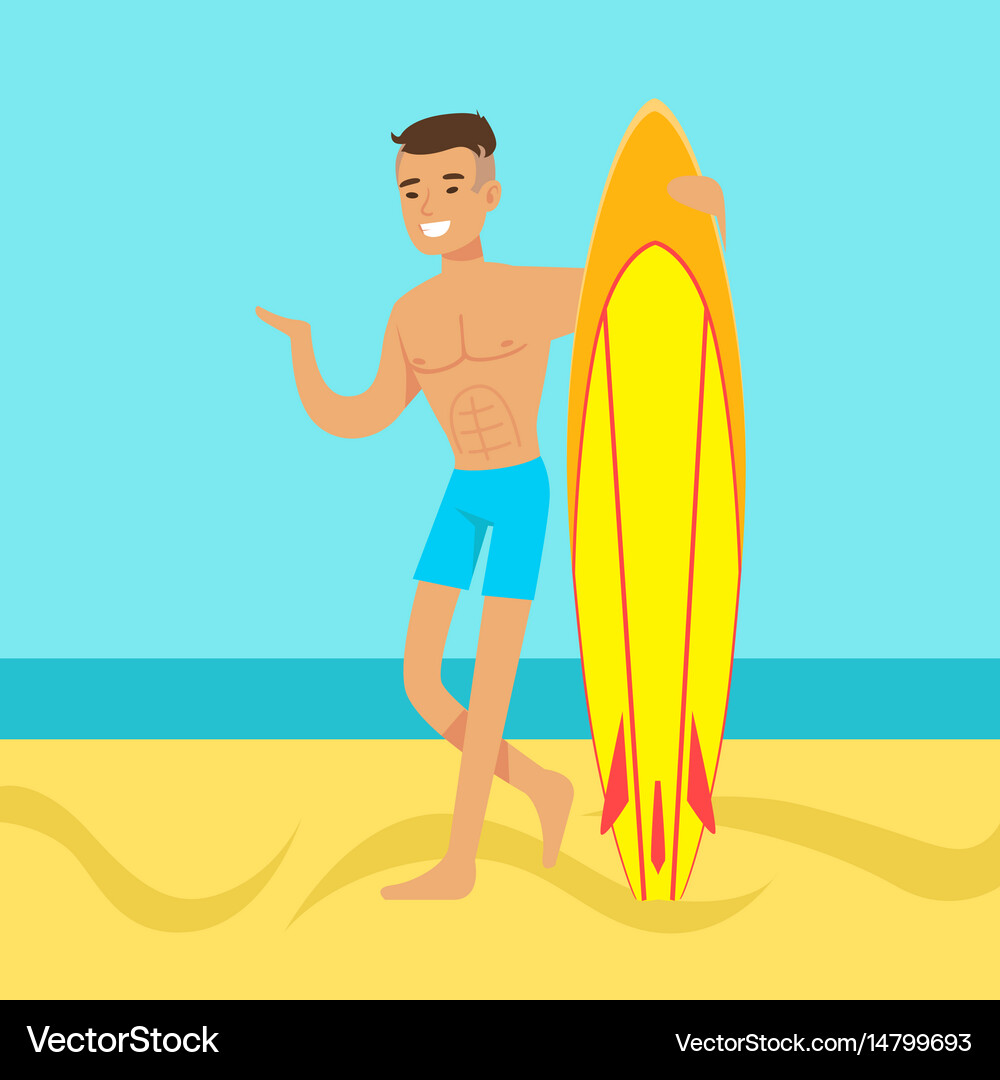 Young man walking on the beach with surfboard Vector Image