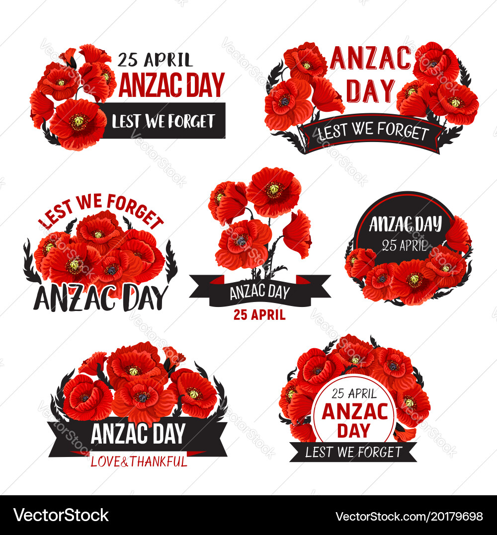 Anzac day lest we forget poppy ribbons Royalty Free Vector