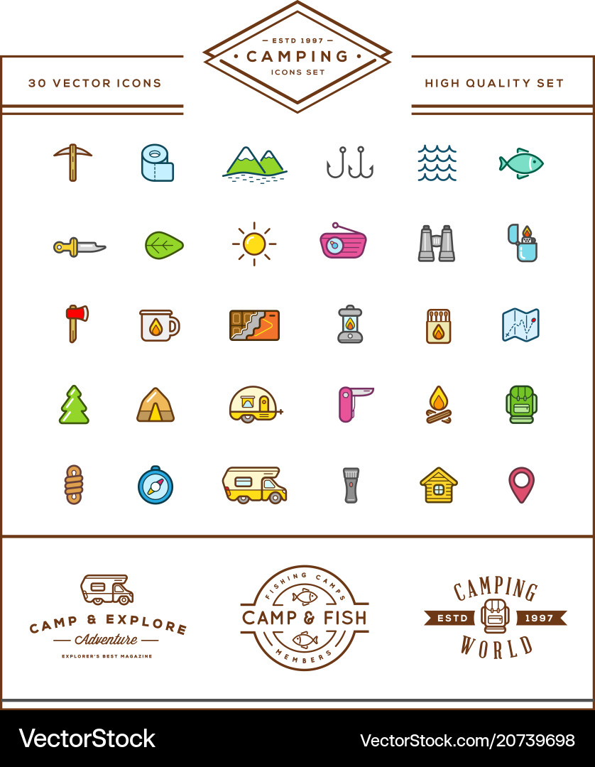 Set of camping camp elements and outdoor activity Vector Image