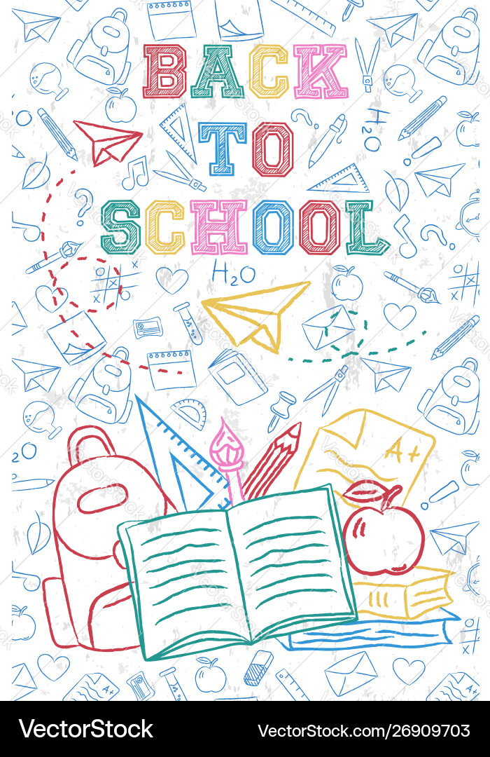 Back to school color backpack with children doodle