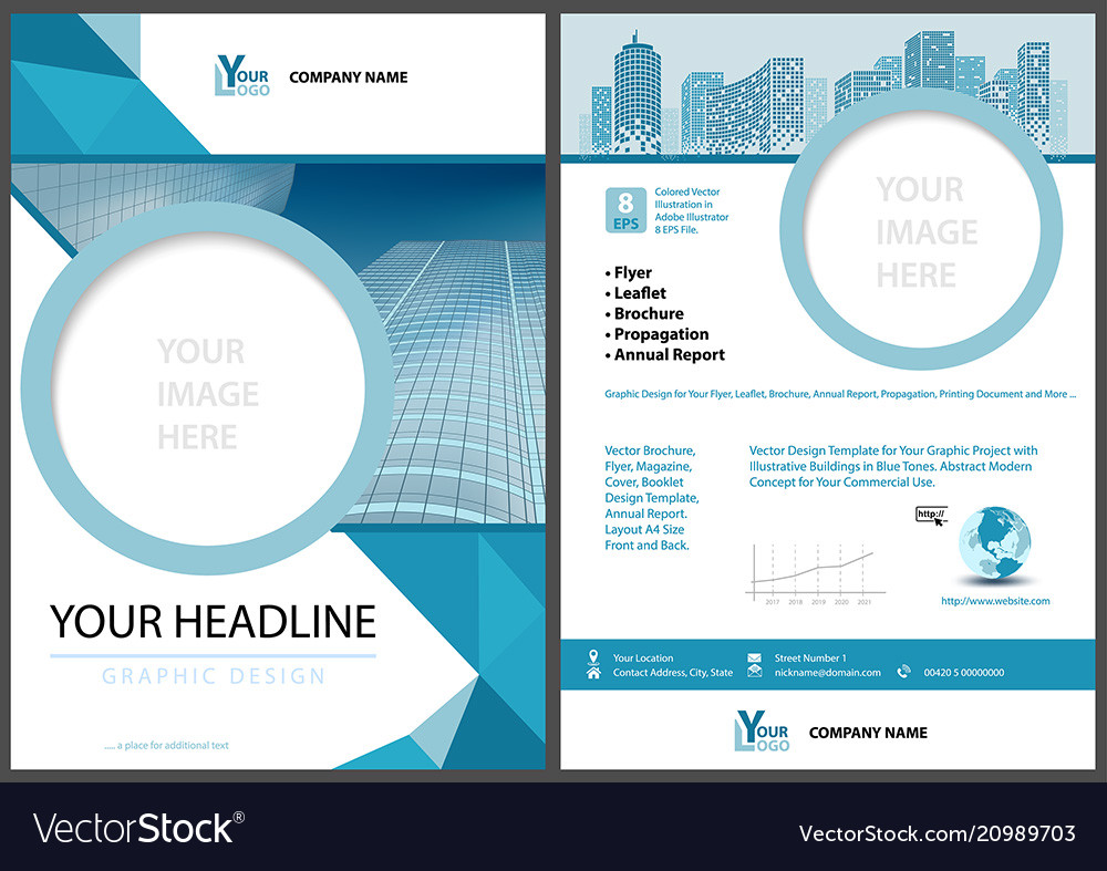 Blue leaflet template with geometric elements Vector Image