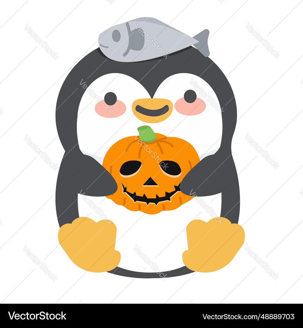 Cute penguin holiding a pumpkin Royalty Free Vector Image