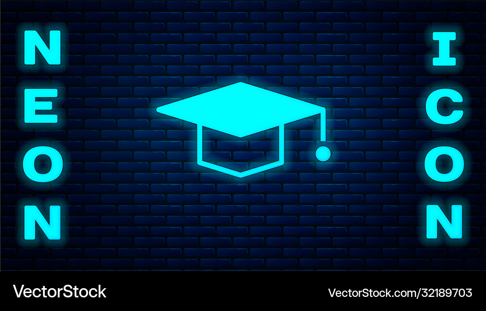 Glowing neon graduation cap icon isolated on brick