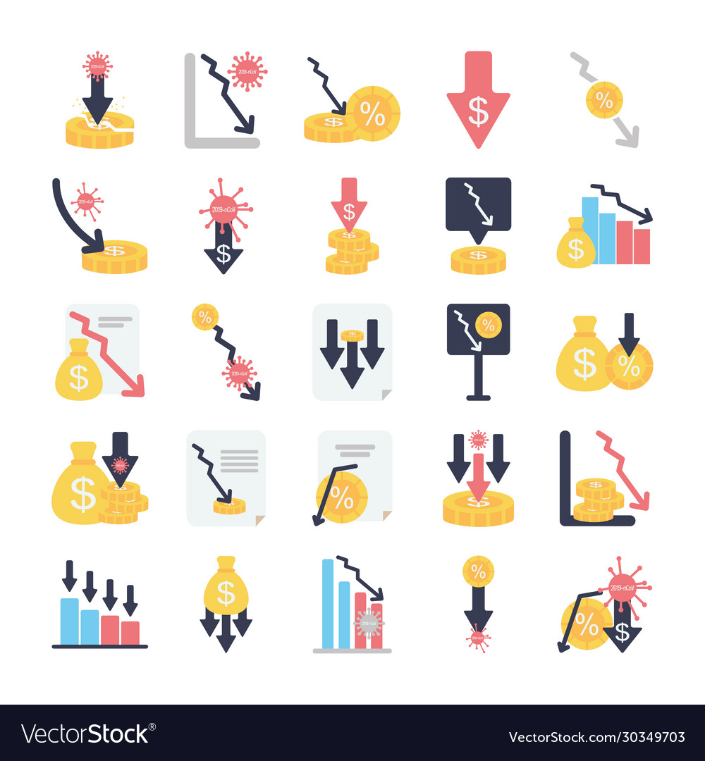 Graphic bar charts and stock market crash icon set
