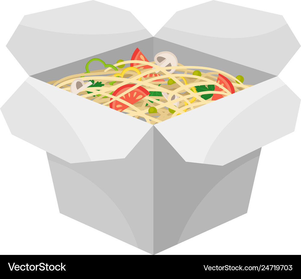 Noodles with vegetables in box on white background