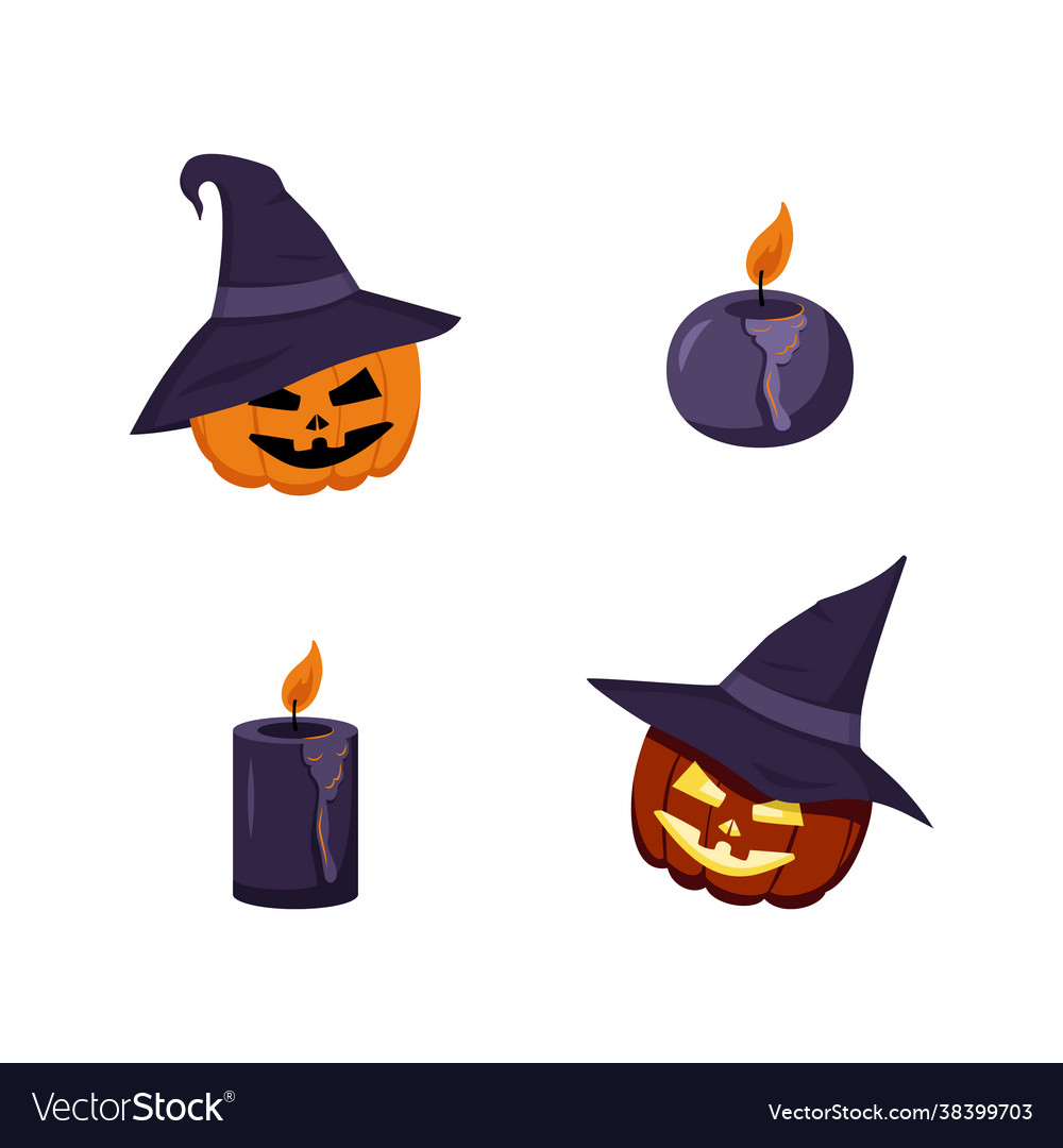 Set orange pumpkins with hat face eyes Royalty Free Vector