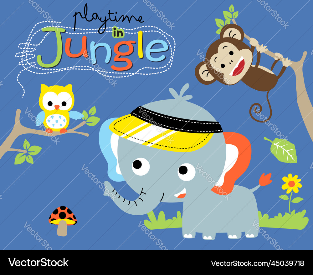 Elephant cartoon wearing monkey and owl on tree Vector Image
