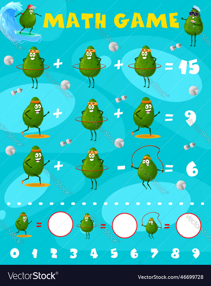 Cartoon avocado characters math game worksheet Vector Image