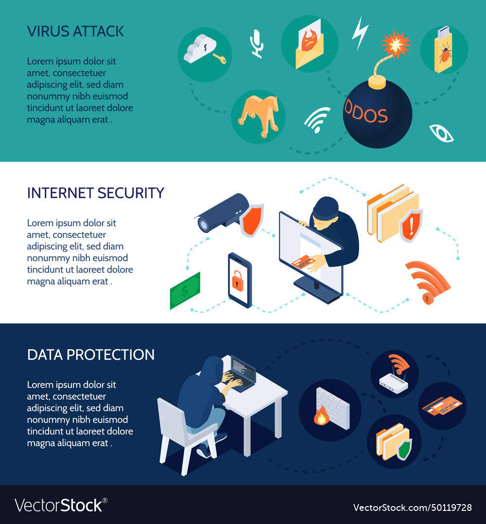 Hacker activity horizontal isometric banners Vector Image Hacker activity horizontal isometric banners Vector Image