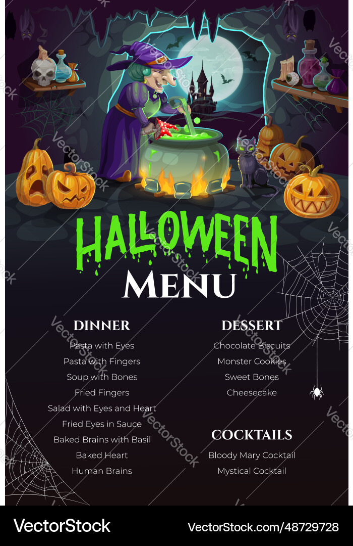 Halloween menu cartoon witch with potion in cave Vector Image