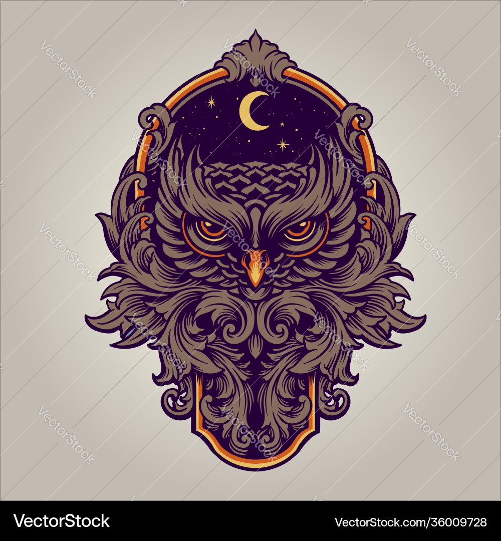 Night owl predator with frame ornaments swirl Vector Image