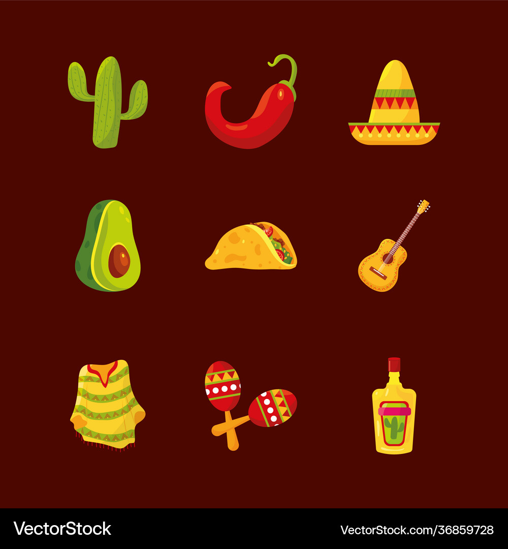 Nine mexican icons Royalty Free Vector Image - VectorStock