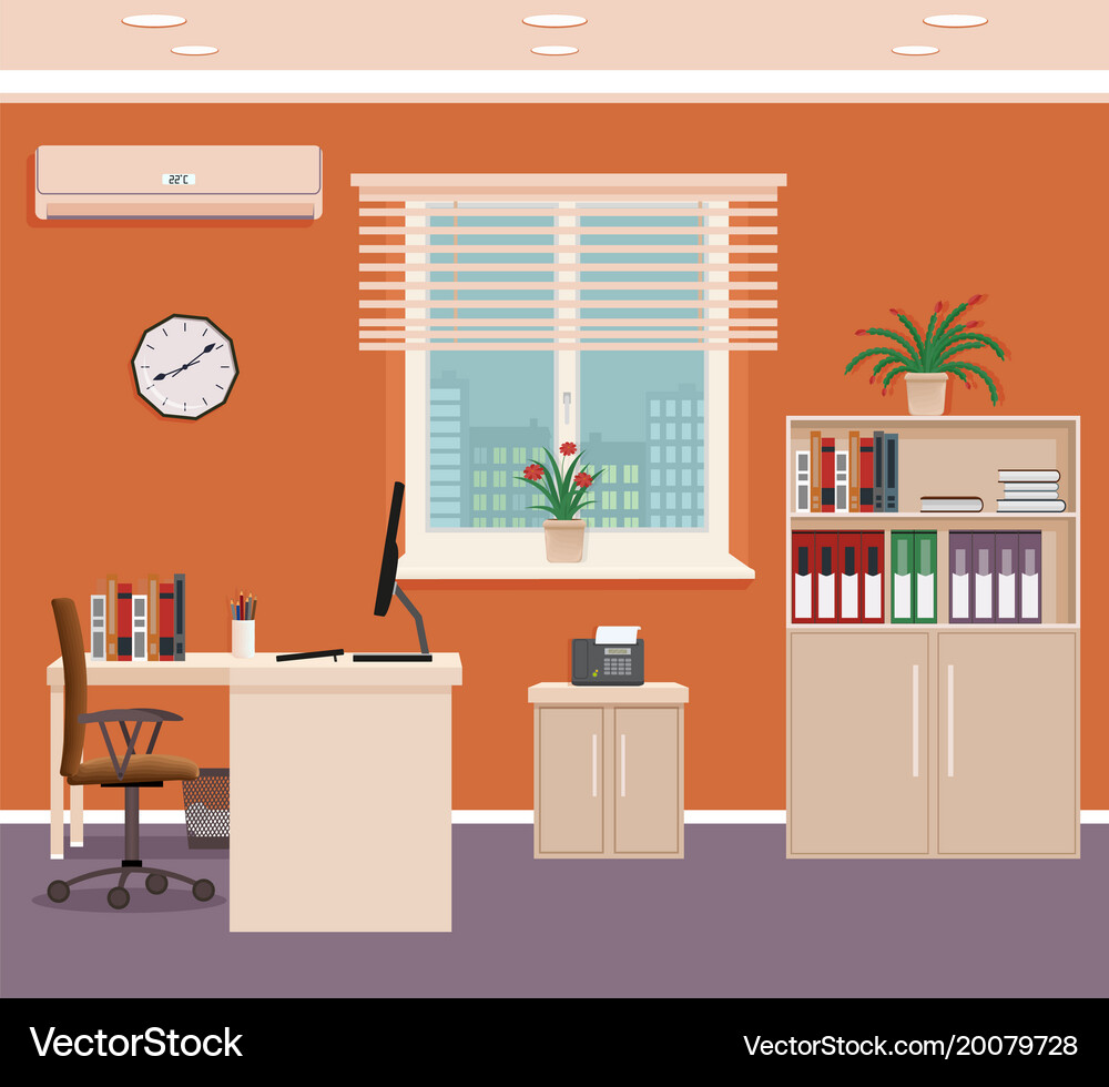Office room interior with workspace and cityscape Vector Image
