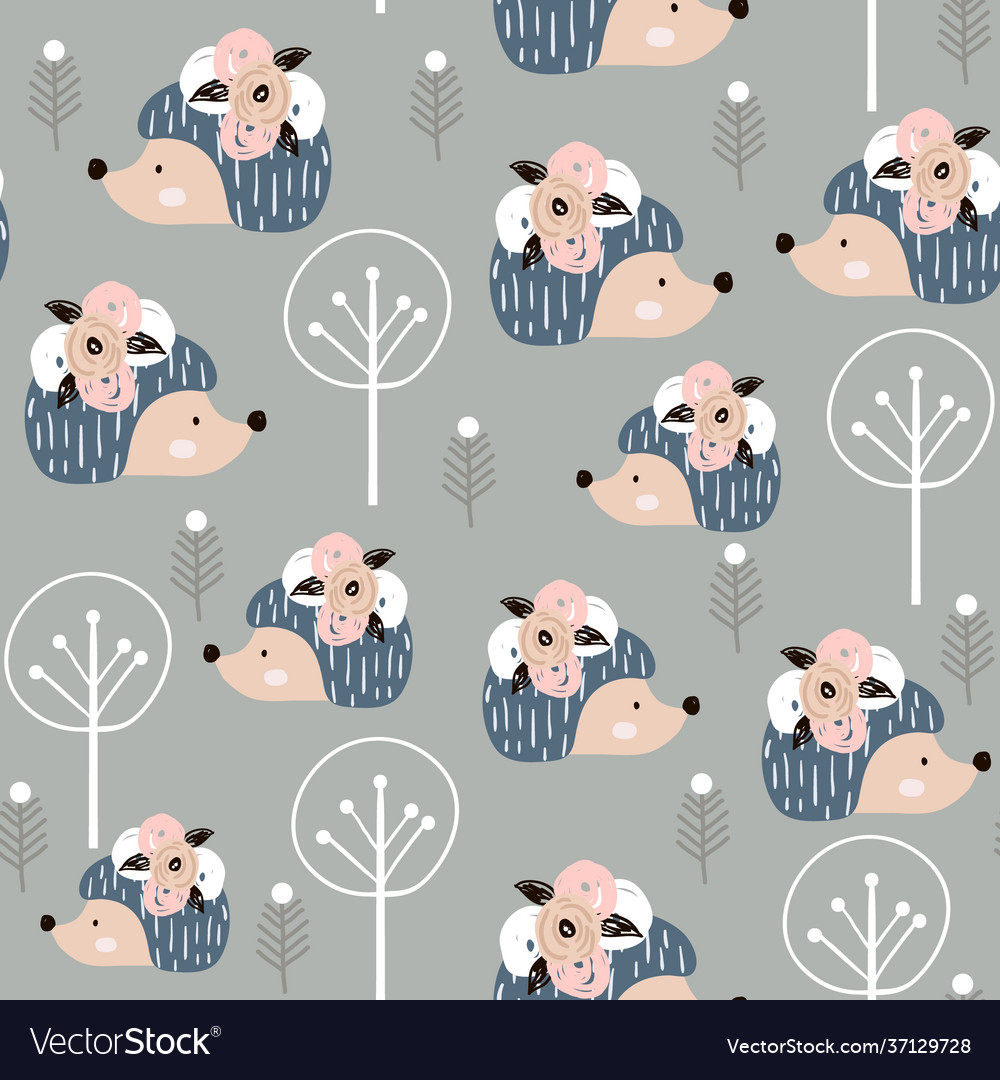 Seamless pattern hedgehogs with floral elements Vector Image Seamless pattern hedgehogs with floral elements Vector Image