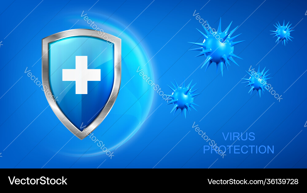 Virus protection banner with shield and bacteria Vector Image