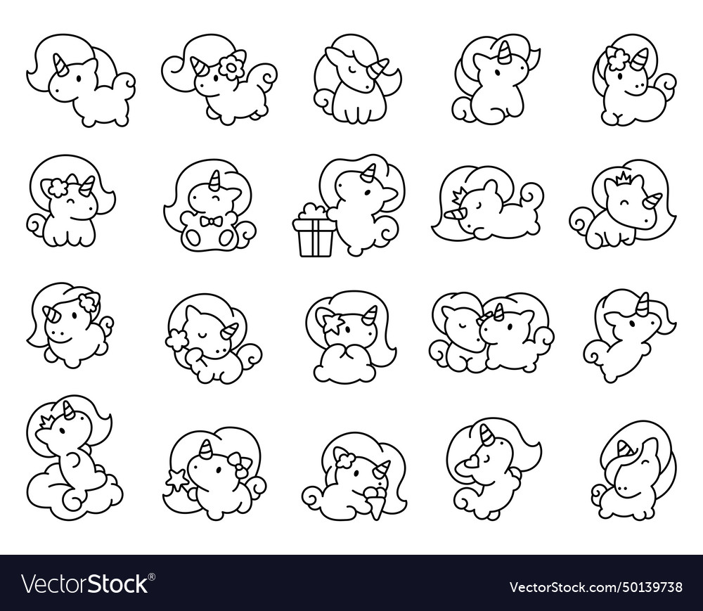 Cute kawaii little unicorn coloring page Vector Image