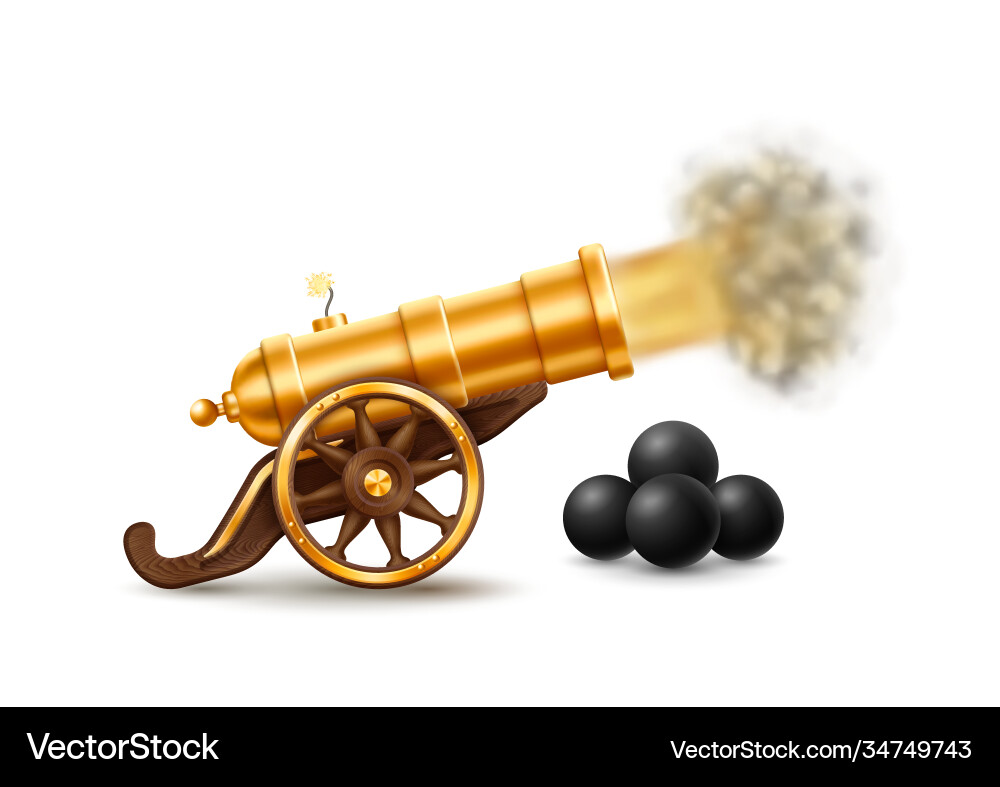 Big golden cannon with fire Royalty Free Vector Image