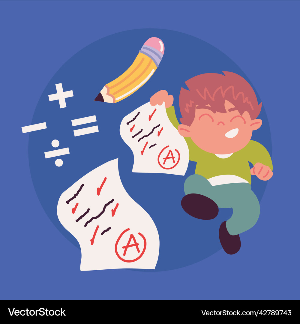 Happy student boy and test Royalty Free Vector Image