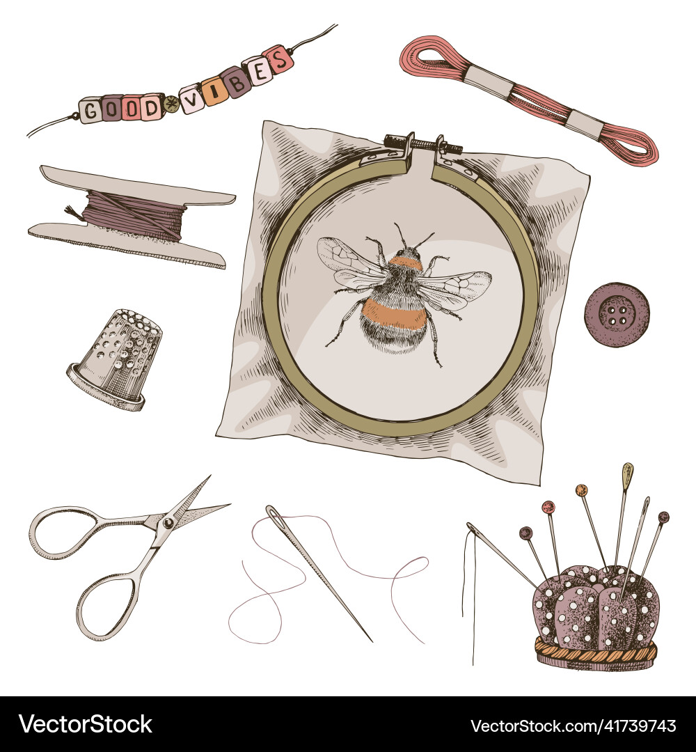 Set of hand drawn vintage sewing tools Royalty Free Vector