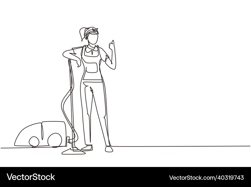 Single continuous line drawing worker of cleaning Vector Image