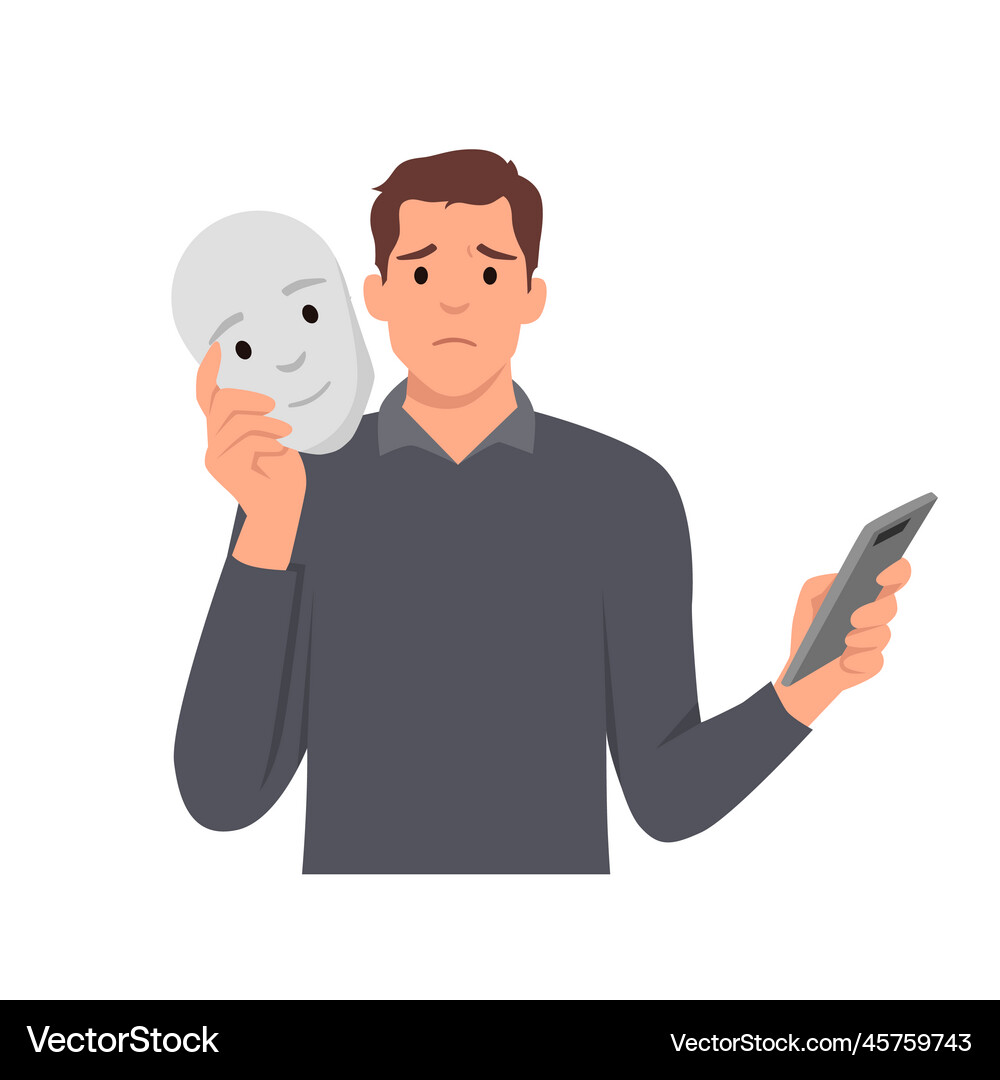 Young man fake expression holding happy face Vector Image