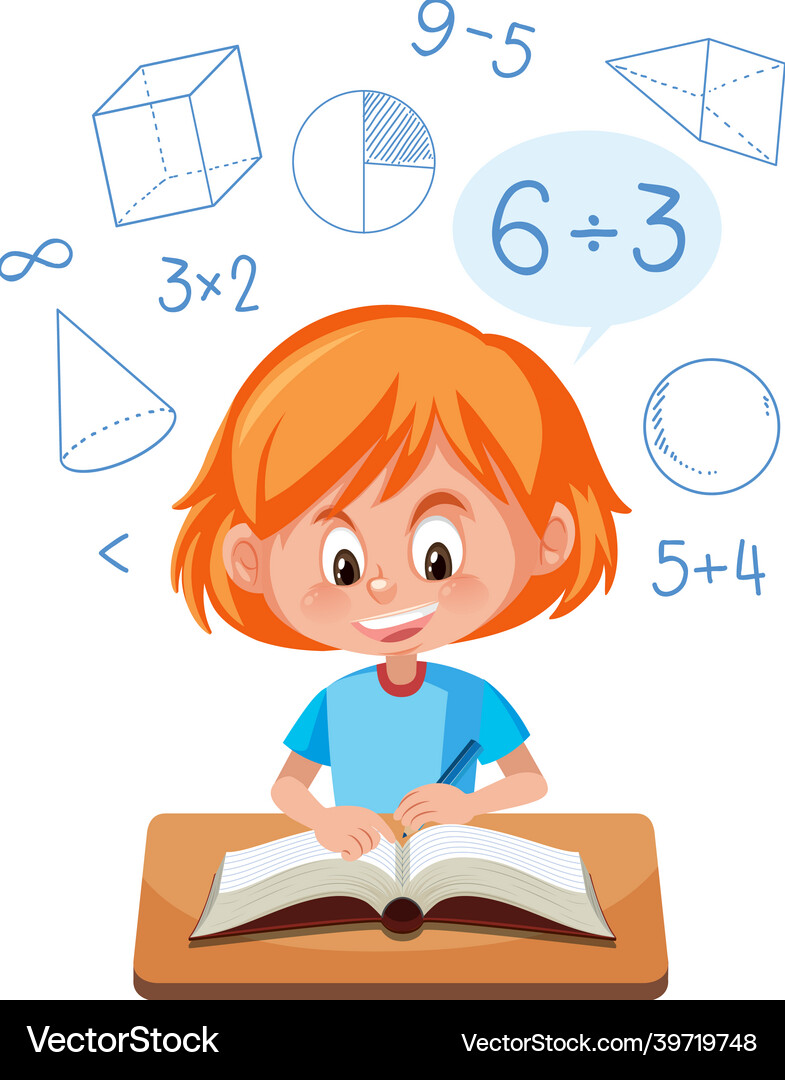 Girl learning math with symbol and icon Royalty Free Vector