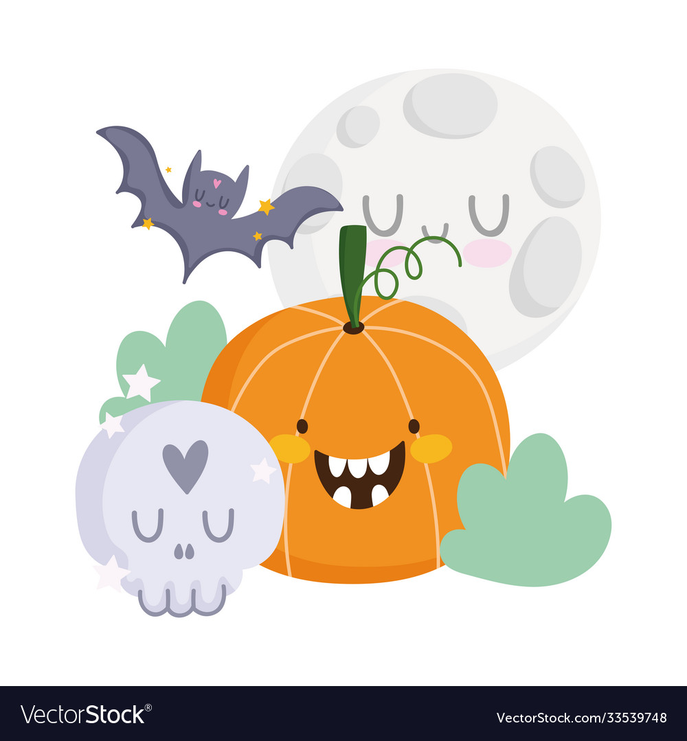 Happy Halloween Pumpkin Skull Moon And Bat Trick Vector Image