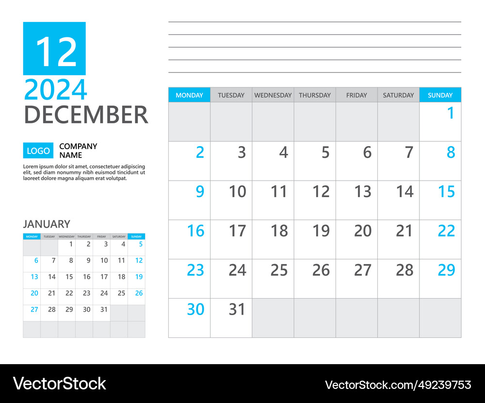 December 2024 template calendar planner 2024 Vector Image
