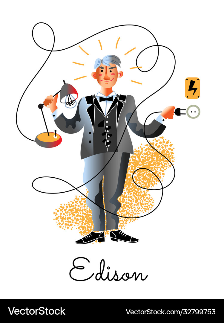 Edison great discoverer holding lamp and plug Vector Image