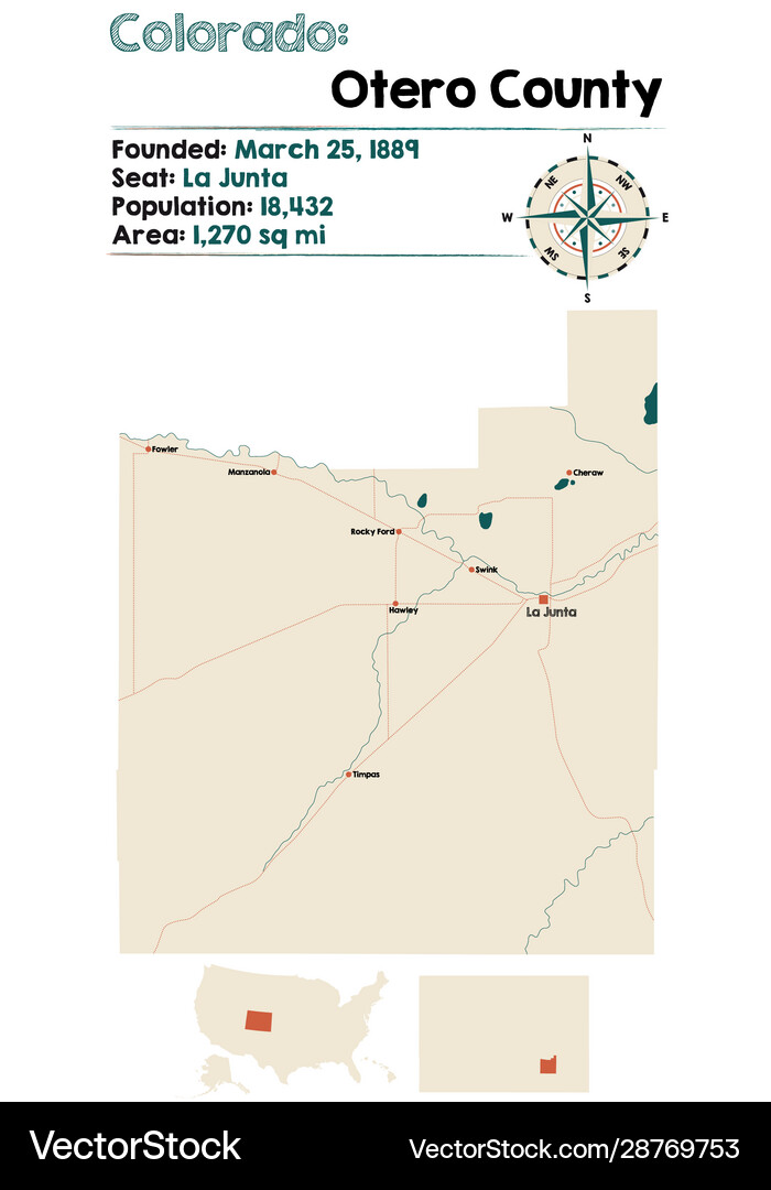 Map otero county in colorado Royalty Free Vector Image