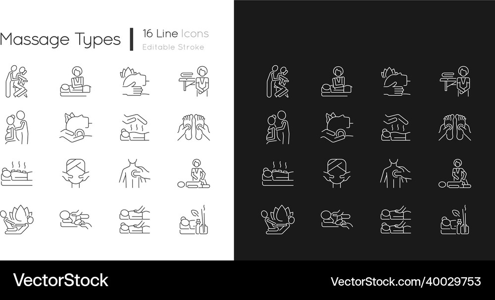 Massage types linear icons set for dark and light Vector Image