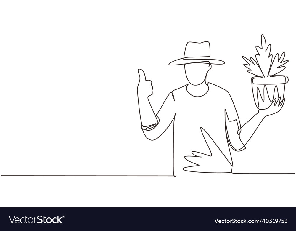 Single One Line Drawing Gardener Grows Flowerpot Vector Image