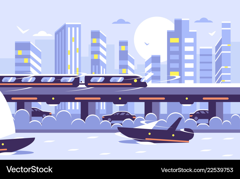 Subway train monorail over sunset cityscape Vector Image