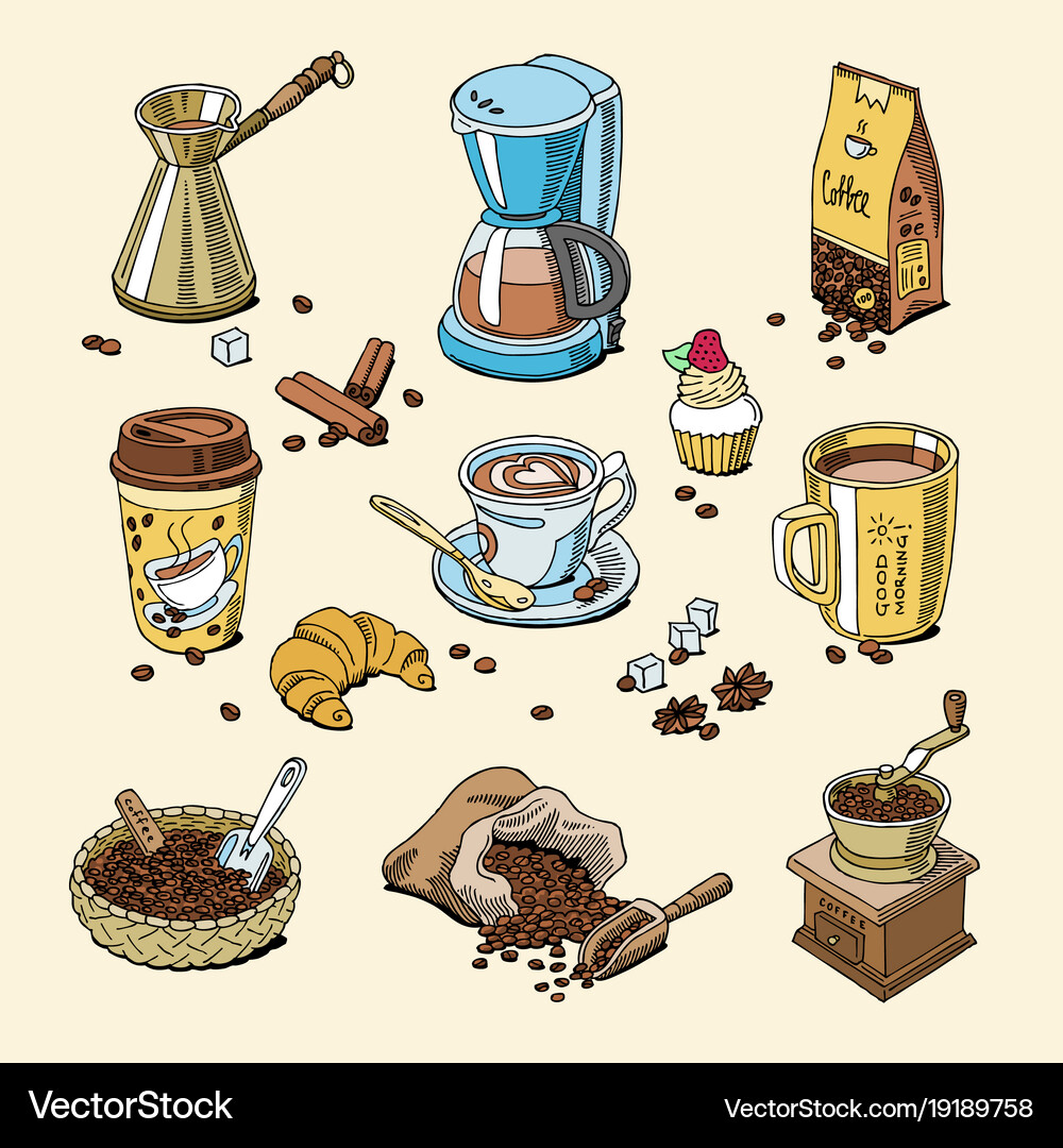 Coffee set coffeebeans and coffeecup drink Vector Image