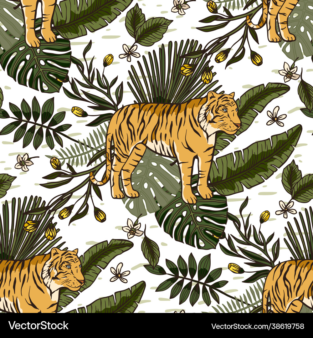 Jungle tiger exotic tropical seamless pattern Vector Image