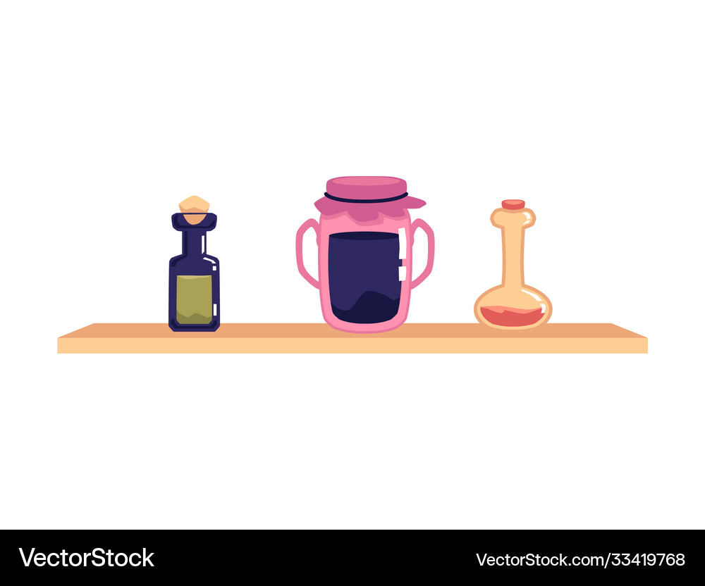 Magic potion jar and glass bottles on isolated Vector Image