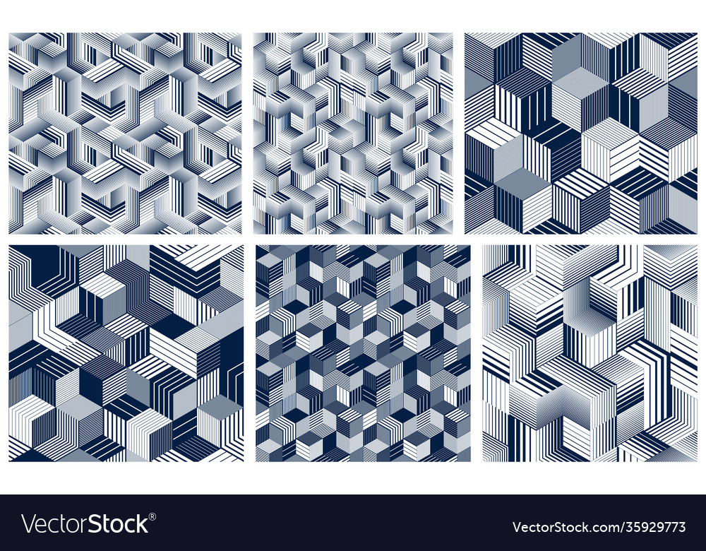 3d Cubes Seamless Patterns Backgrounds Set Lined Vector Image