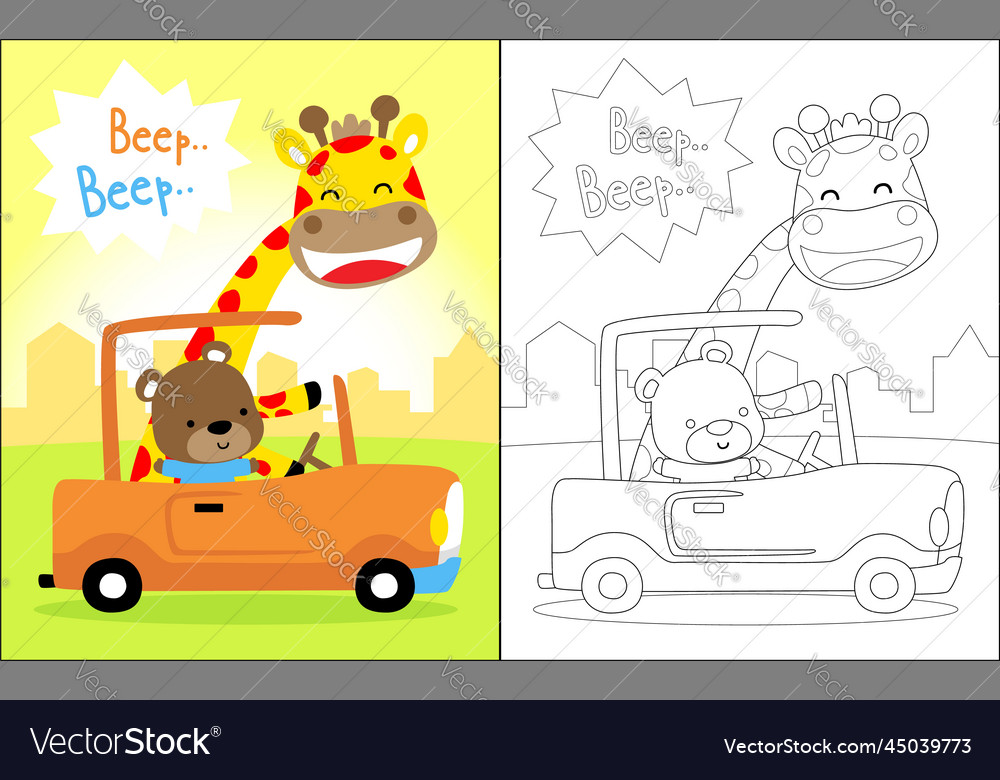 Coloring book with happy giraffe and bear on car Vector Image