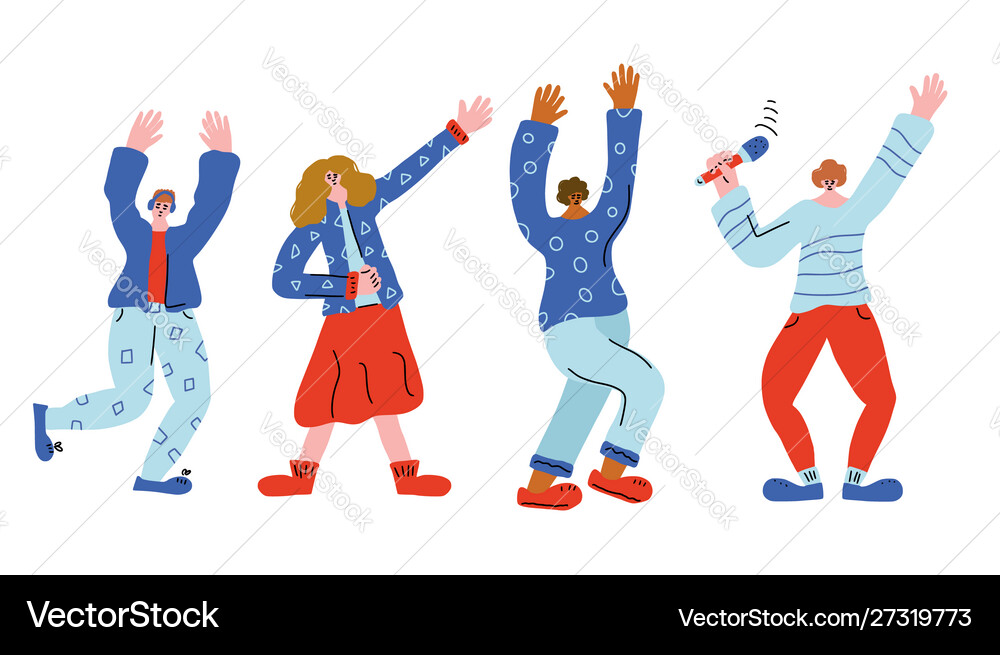 Happy people dancing and singing isolated on white