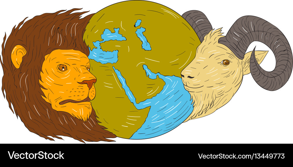 Lion goat head middle east map globe drawing Vector Image