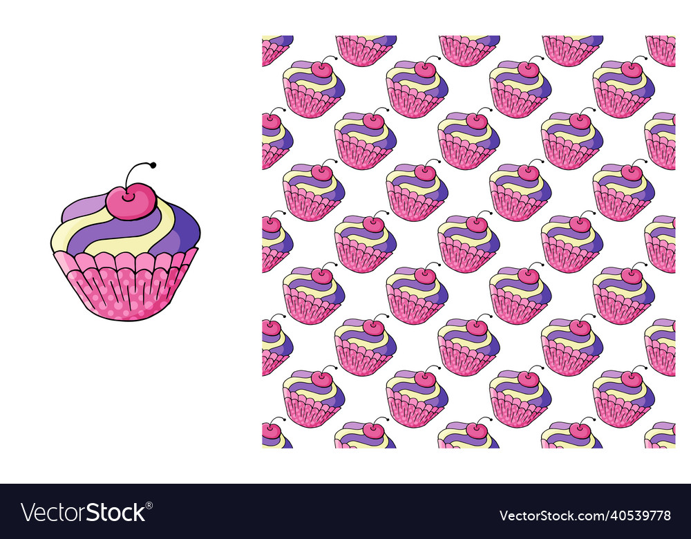Cupcake muffin set of element and seamless pattern