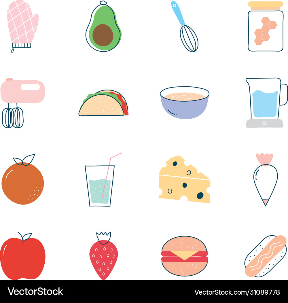 Food flat style icon set design Royalty Free Vector Image